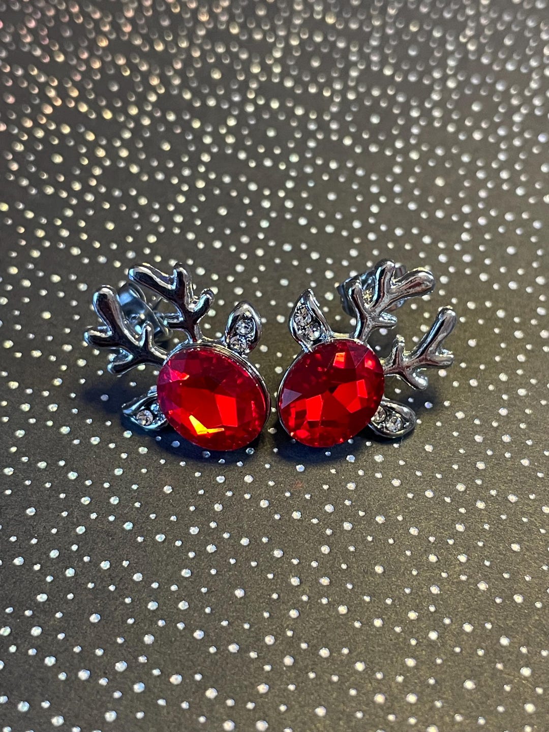 Ruby Red Reindeer Stud Earrings, Crystal Antlers, Christmas Jewelry - Etsy