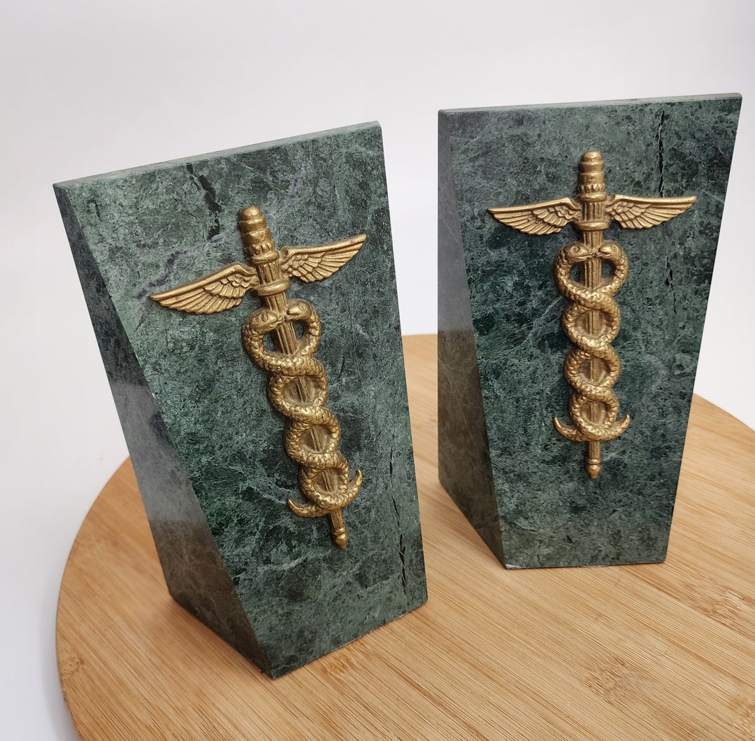 Green Marble Medical Caduceus Brass Symbol Bookends - Etsy
