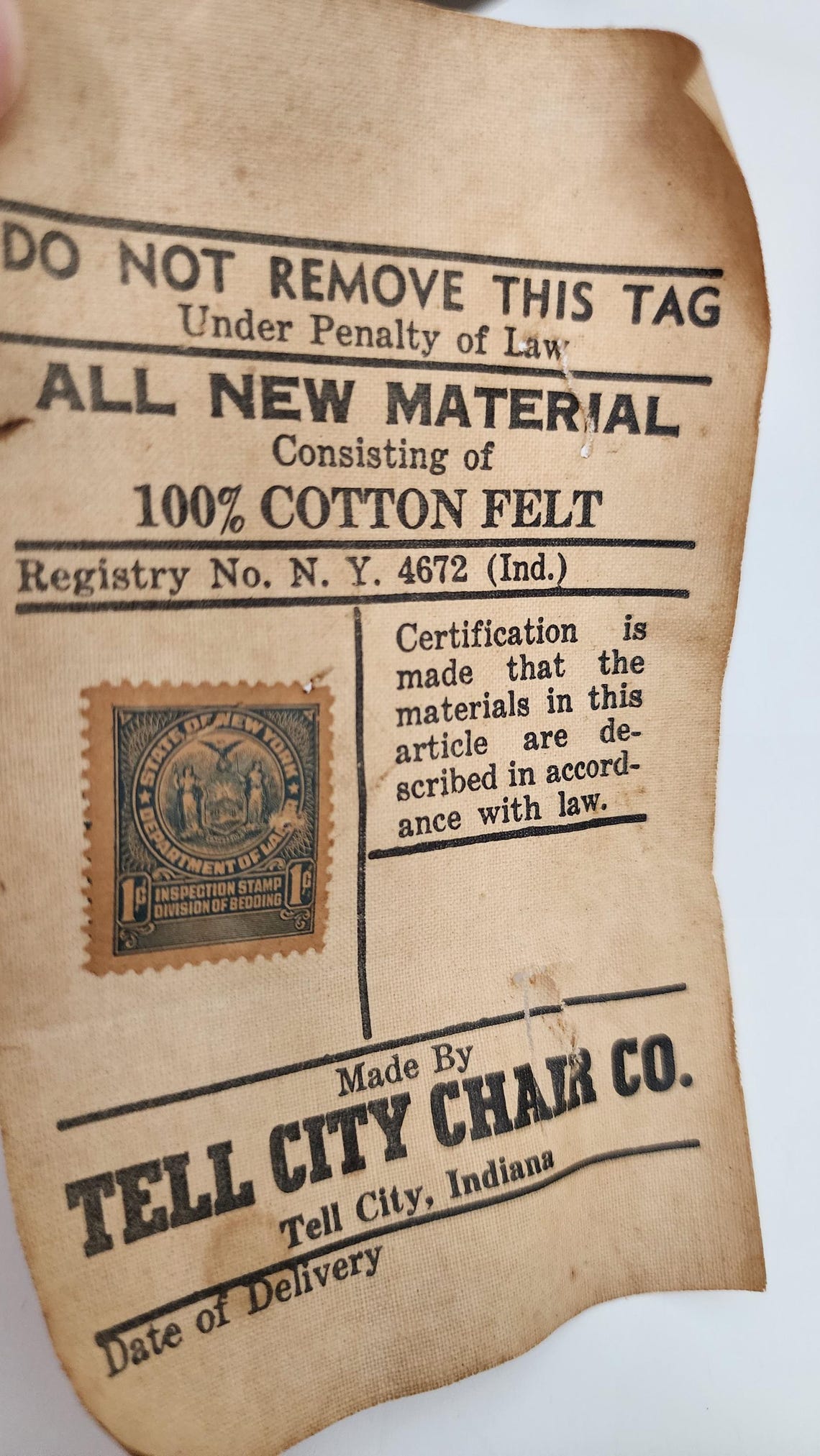 NYS Inspection 1 Cent Stamp on Tell City Chair Co. Tag Label - Etsy
