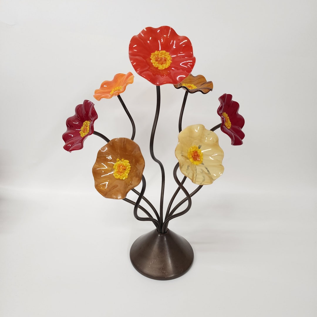 Scott Johnson Blown Glass 7 Flower Tabletop Poppy Bouquet With Metal ...
