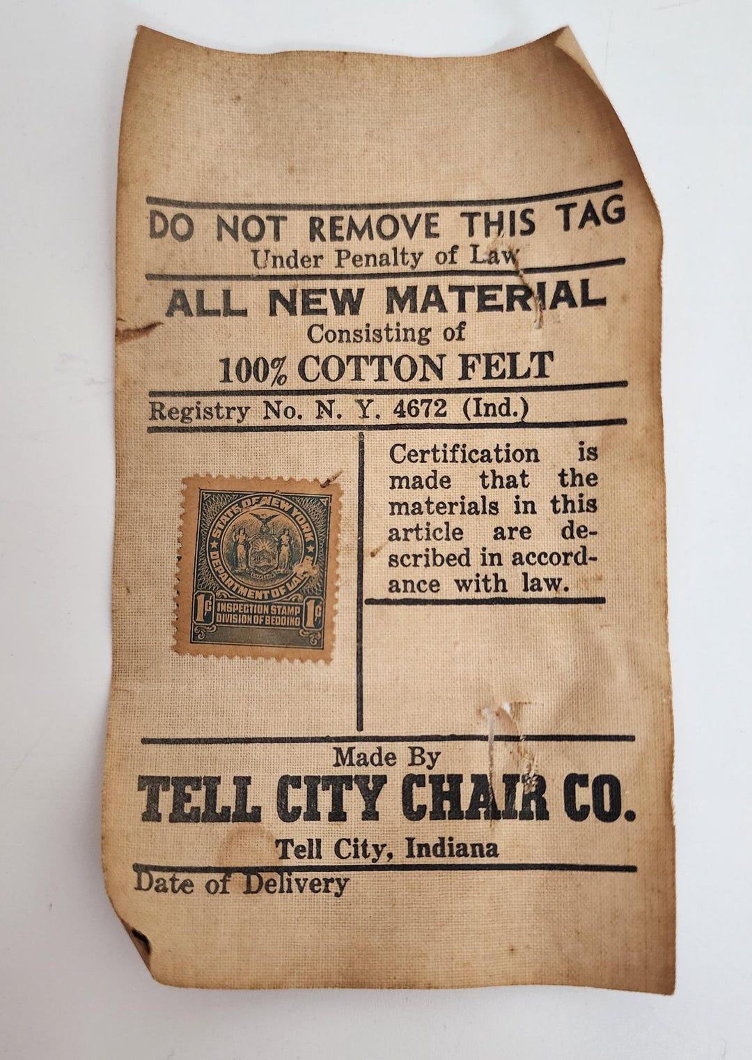NYS Inspection 1 Cent Stamp on Tell City Chair Co. Tag Label - Etsy