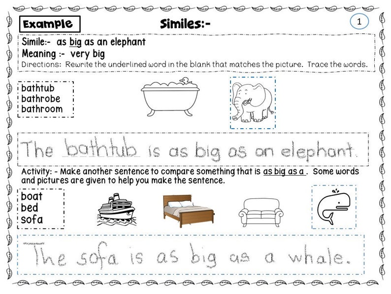 Similes and Metaphors With Illustrations Worksheets-drawing, Reading ...