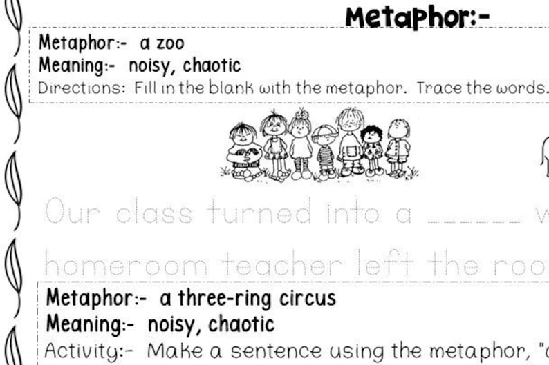 Similes and Metaphors With Illustrations Worksheets-drawing, Reading ...