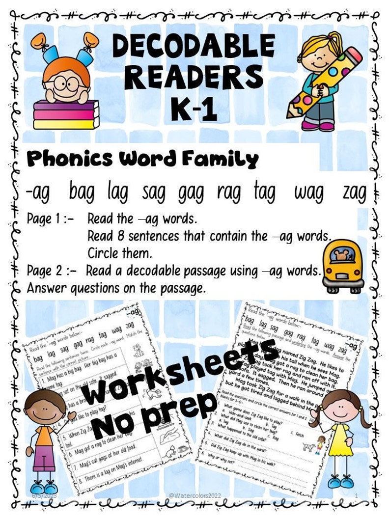Decodable Readers- Phonics Word Family -ag Practice Worksheets - Etsy
