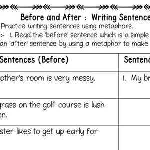 Similes and Metaphors With Illustrations Worksheets-drawing, Reading ...