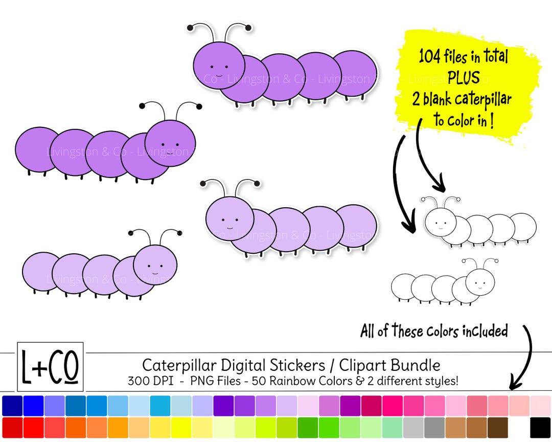Caterpillar Clipart, Rainbow Colored Caterpillar Digital Stickers ...