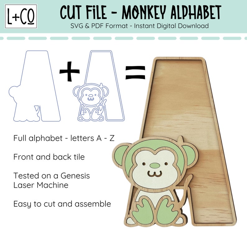 Monkey Alphabet Letters Laser Cut File Printable & DIY Craft Template ...