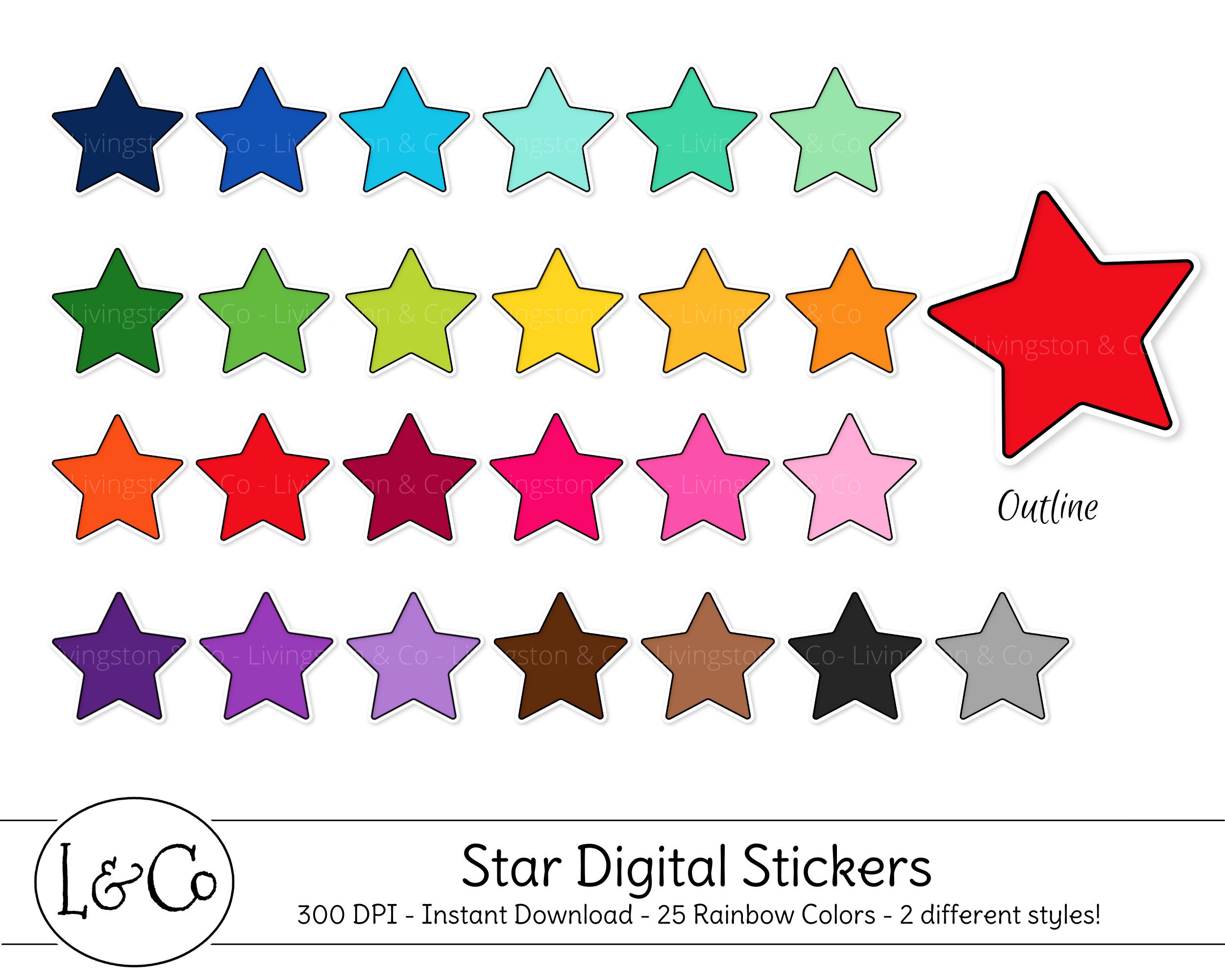 Rainbow Star Stickers Digital Download, Star Digital Stickers for ...
