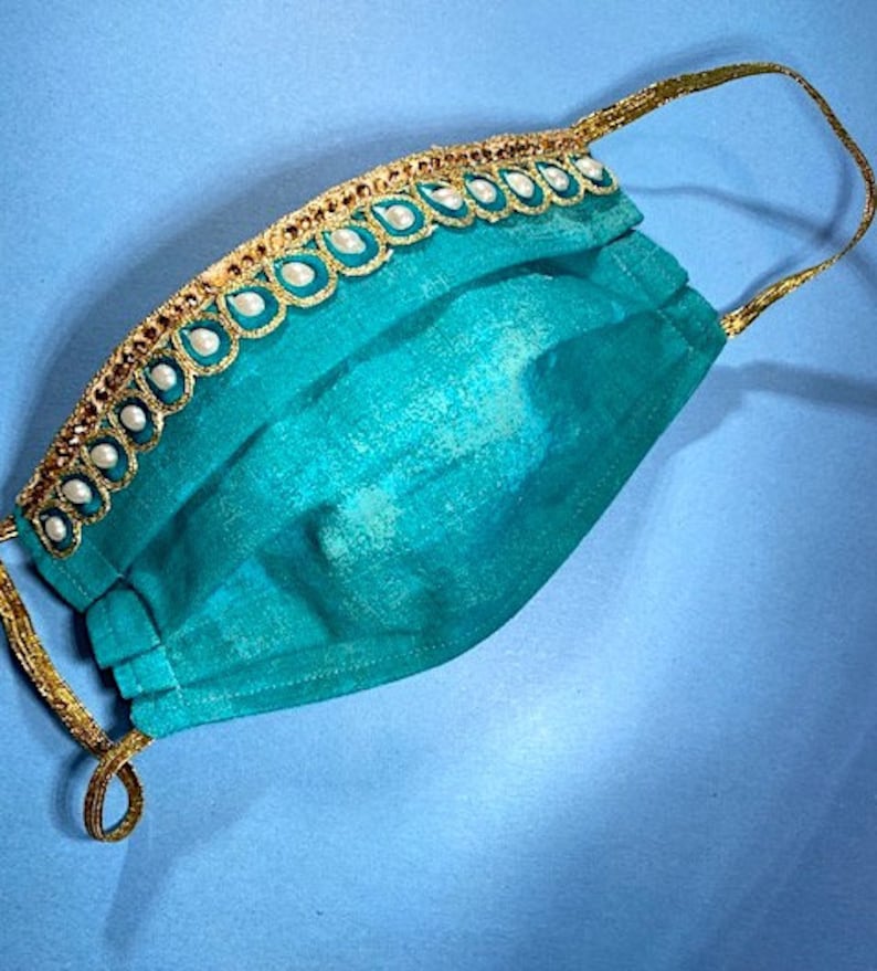 Teal Face Mask SOLD OUT with Gold Embellishment Cotton | Etsy