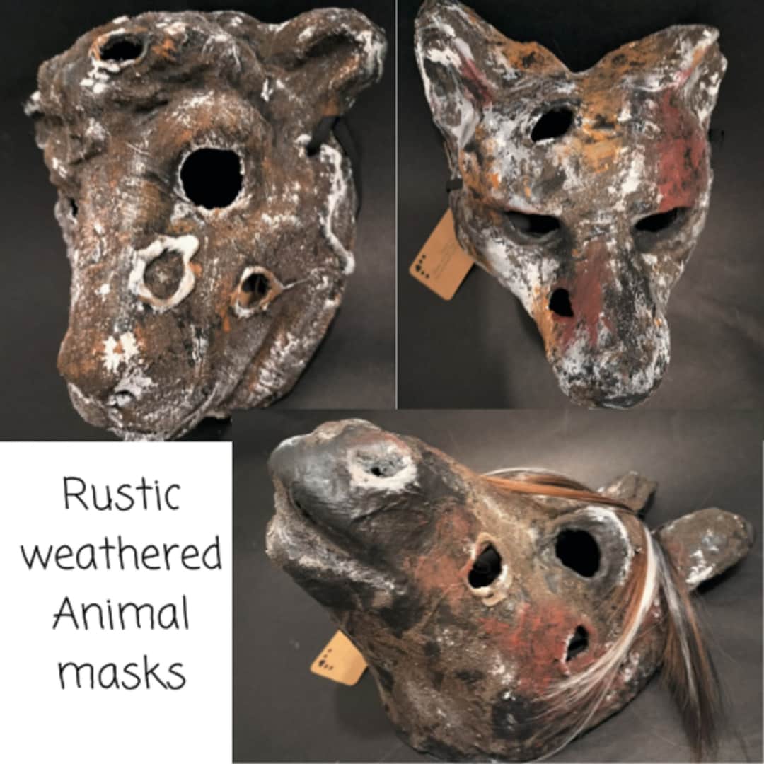 Original Weathered Rustic Paper Mache Animal Masks. Horse Mask, Fox ...