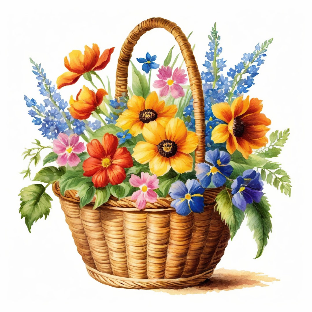 Watercolour, Basket of Flowers Clipart, 10 High Quality PNG Transparent ...