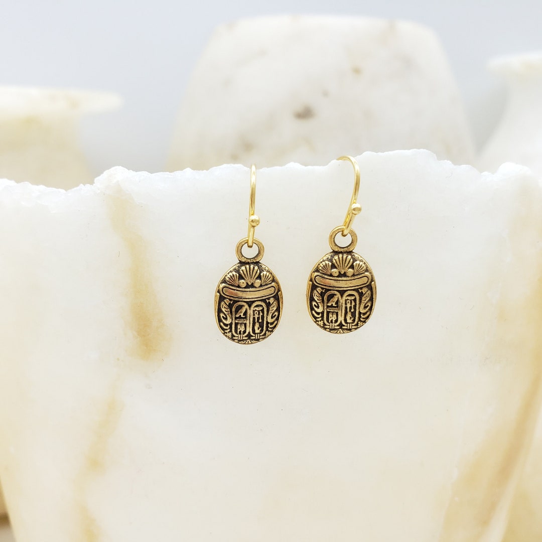 Egyptian Scarab Earrings Antique Gold - Etsy