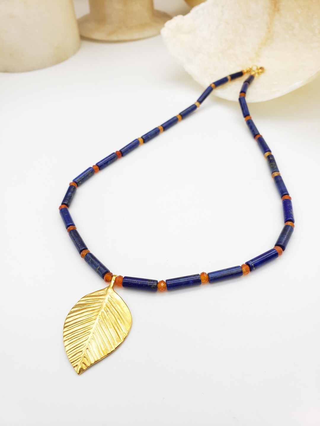 Queen Puabi Single Leaf Necklace - Lapis and Carnelian Beaded - Etsy