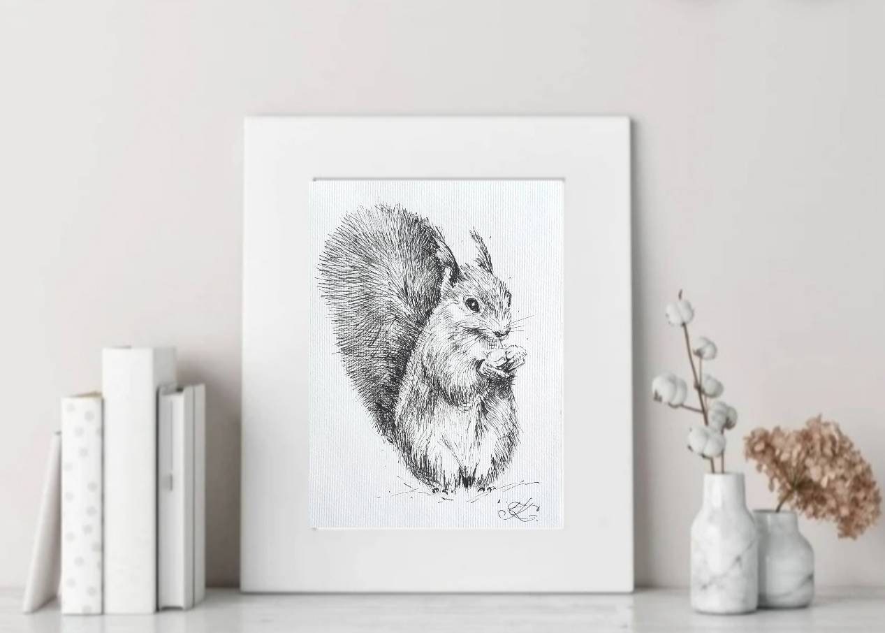 Squirrel Ink Painting Original Art Squirrel Pen Drawing Squirrel ...