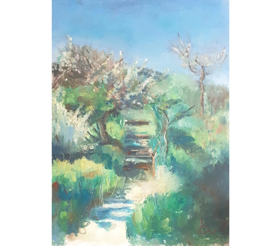 Landscape Painting Original Art Spring Trees Artwork Ladder - Etsy