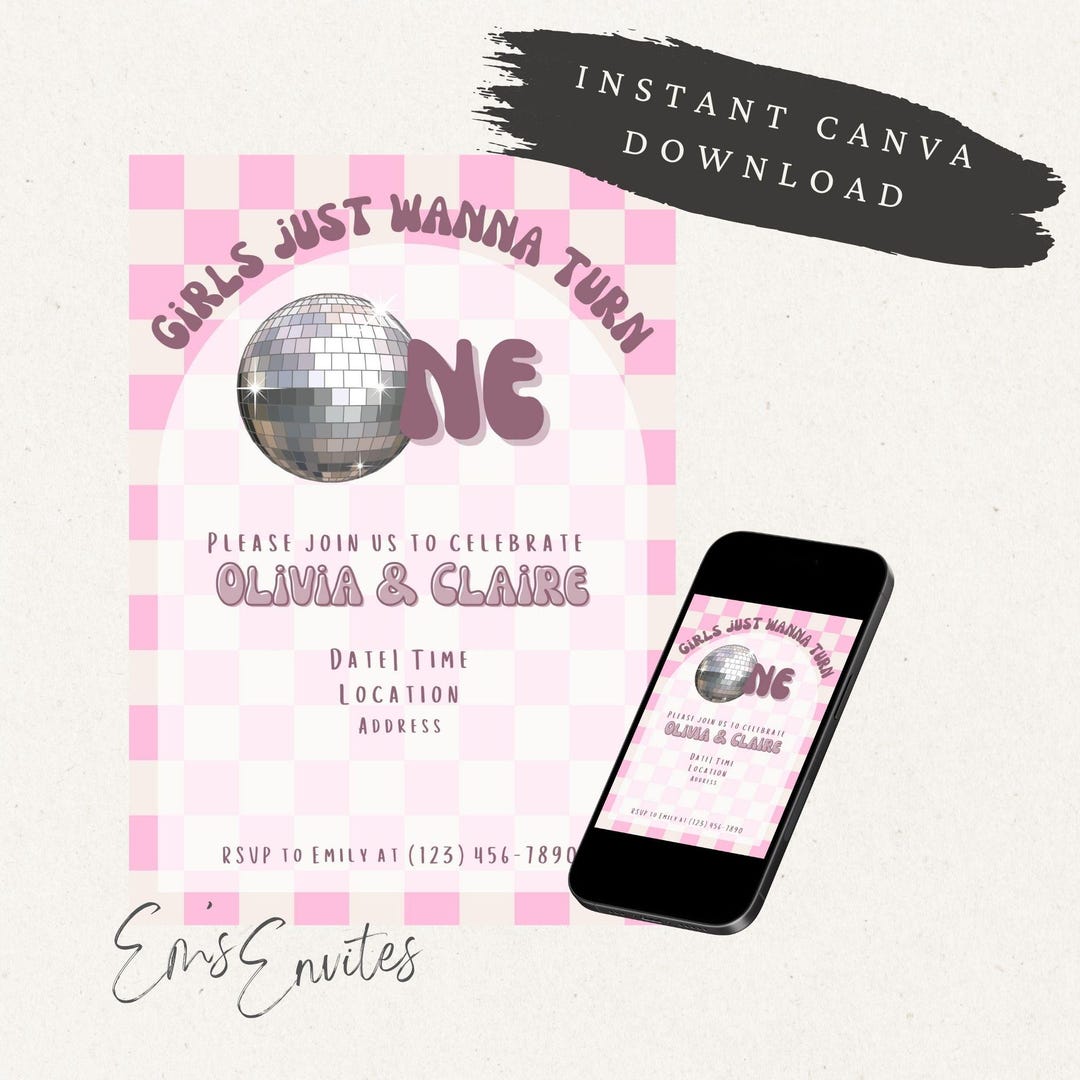 Girls Just Wanna Turn One Invitation, Twin Birthday (canva Template) - Etsy