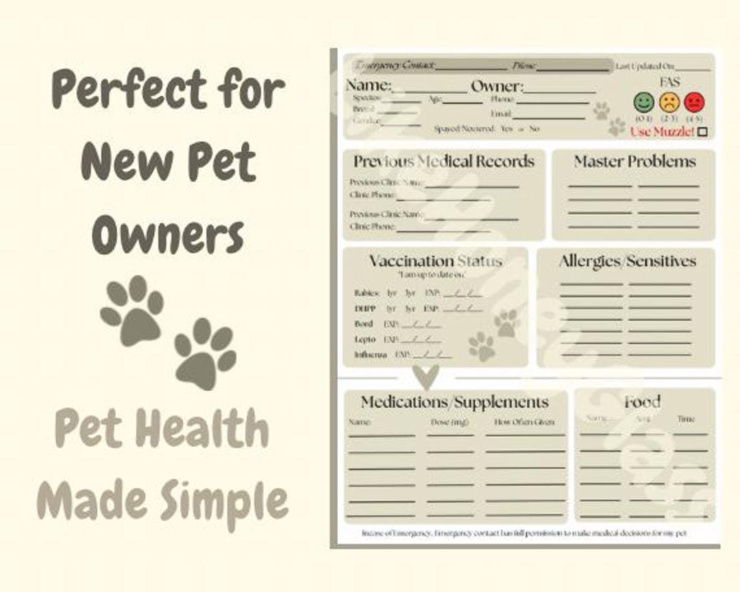Pet Information Sheet for Vet Visits, Printable Health Planner Template ...