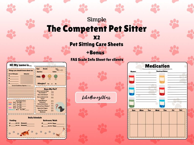 Pet Sitter Forms, Printable Template for Owners Dog & Cat Care ...