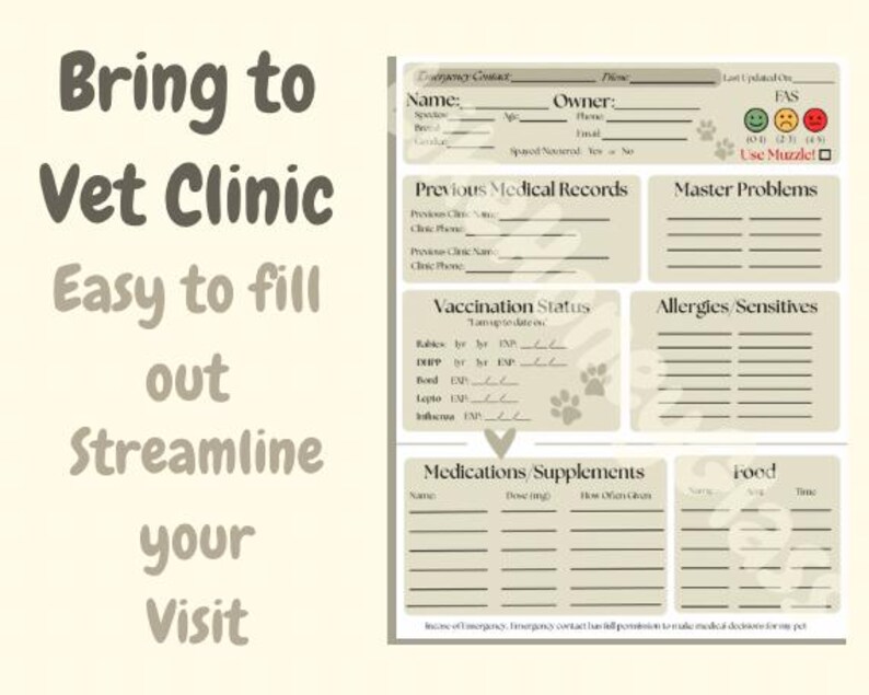Pet Information Sheet for Vet Visits, Printable Health Planner Template ...