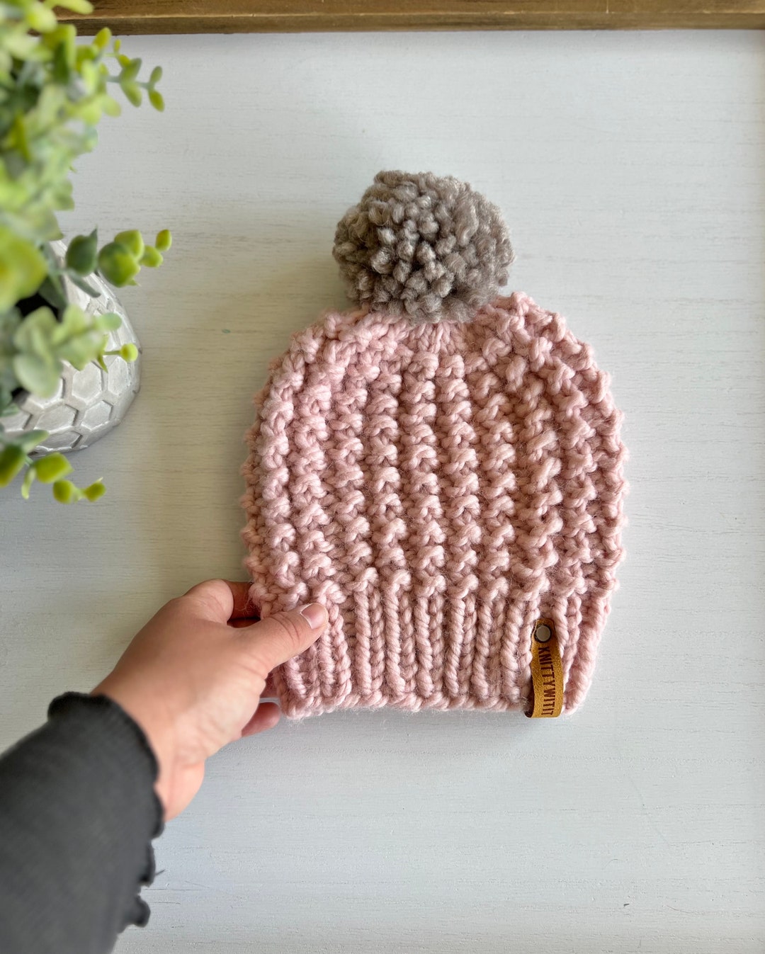 Toddlers Knit Hat With Pom, Chunky Handmade Beanie, Wool Blend, Knitted ...