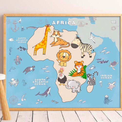 Animal World Map Playroom Kids World Map Poster Printable | Etsy