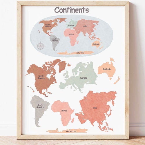 Kids World Map Printable Continents Educational Poster Pastel - Etsy