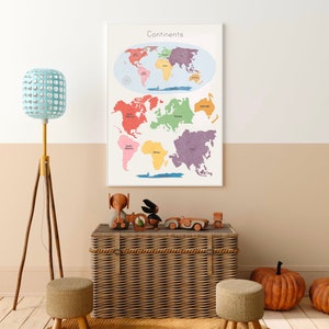 Montessori World Map Wall Art Continents Educational Poster Watercolor ...