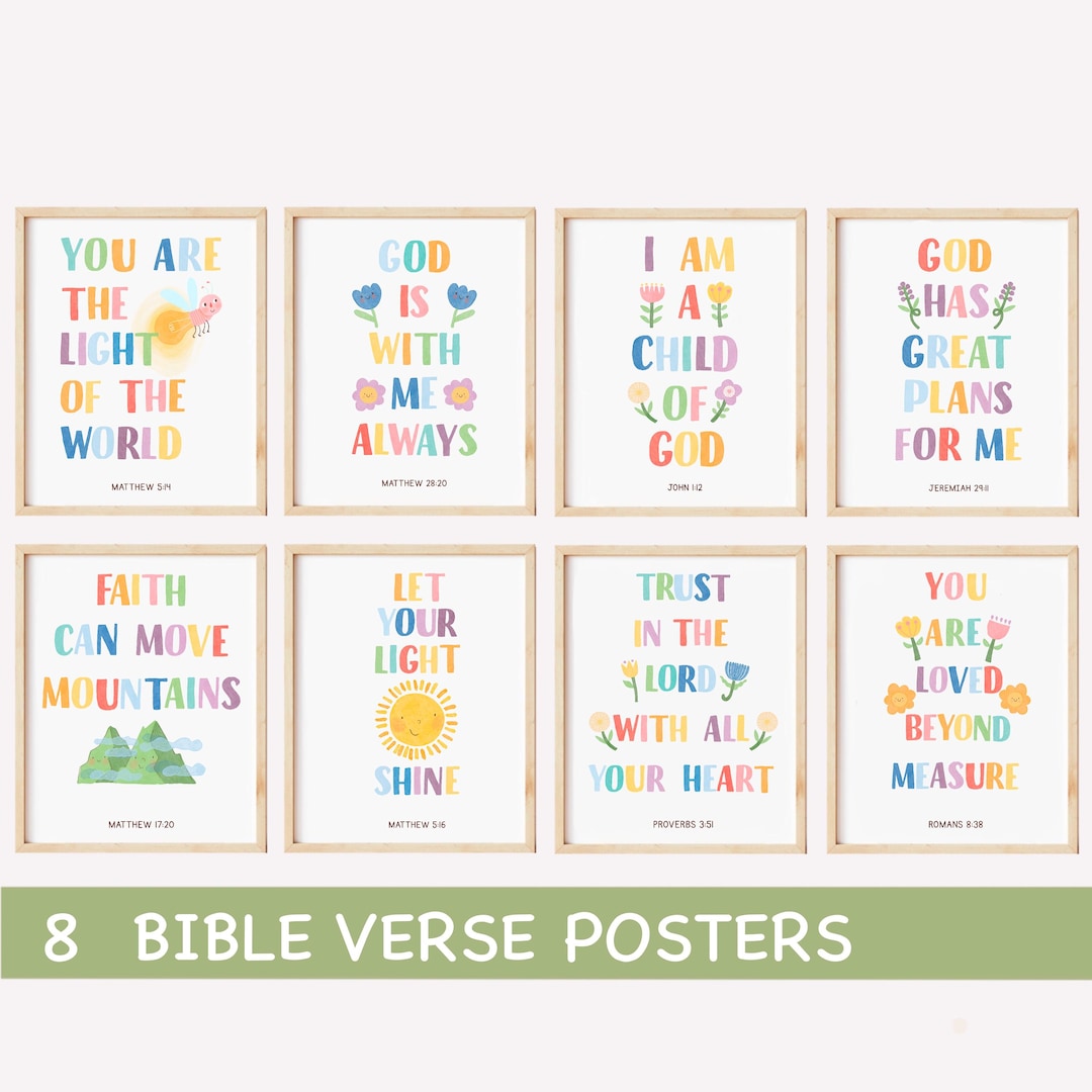 Bible Verse Wall Art Set of 8 Bible Posters Kids Bible Study Sunday ...