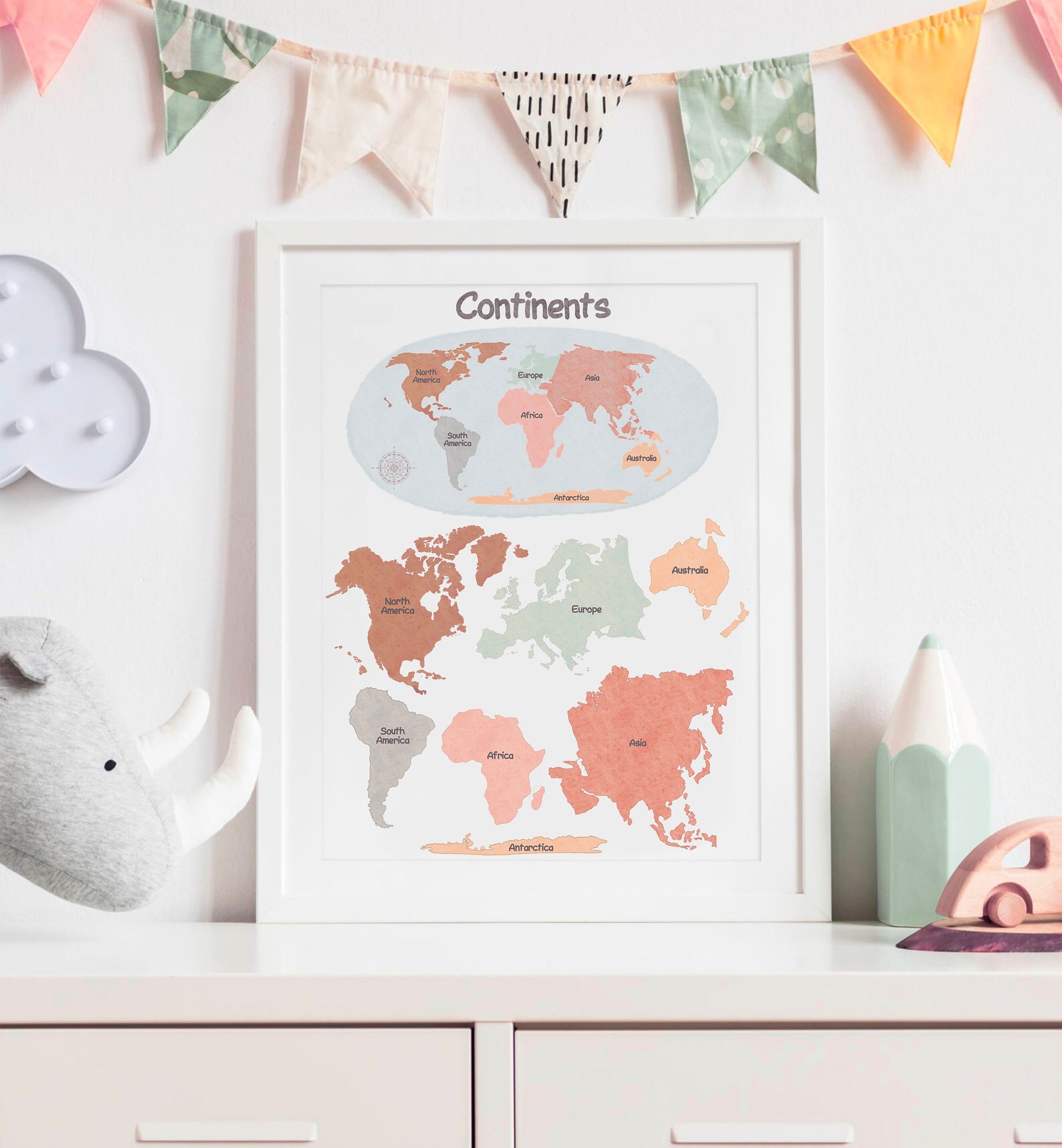 Kids World Map Printable Continents Educational Poster Pastel - Etsy