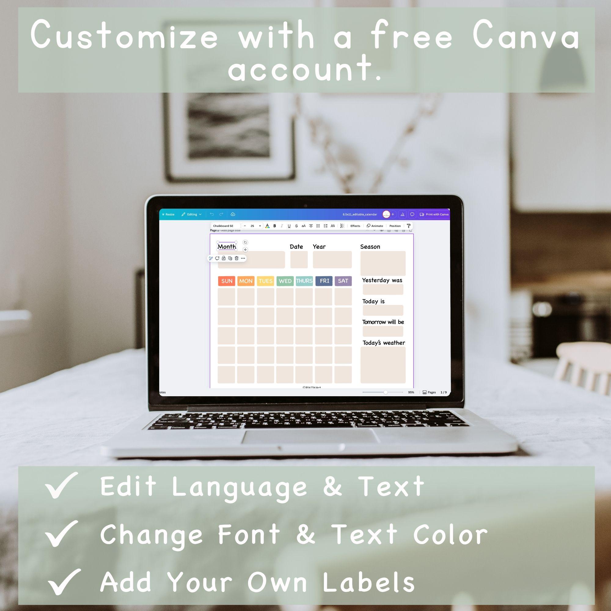 Editable Kids Calendar: Printable Toddler Learning, Preschool Classroom ...