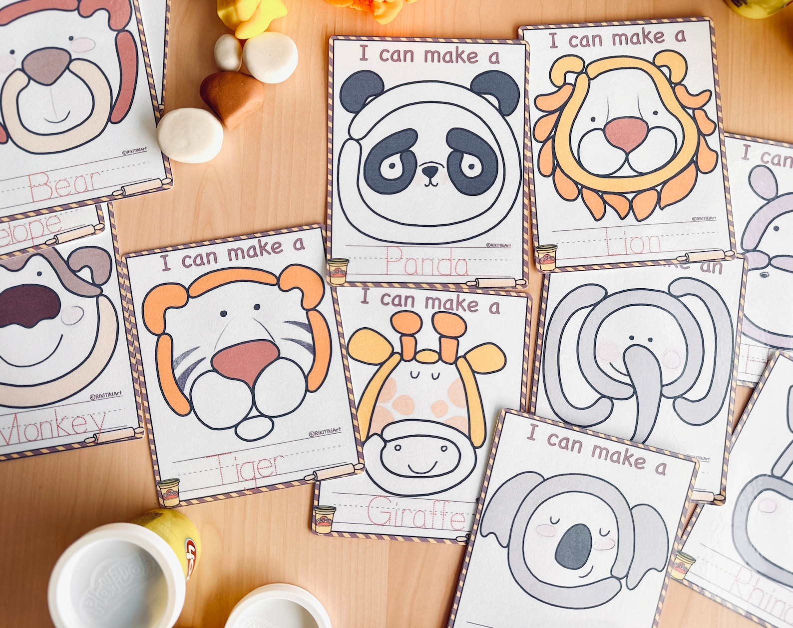 Zoo Animals Play Dough Mats Fine Motor Skills Visual Cards Montessori ...