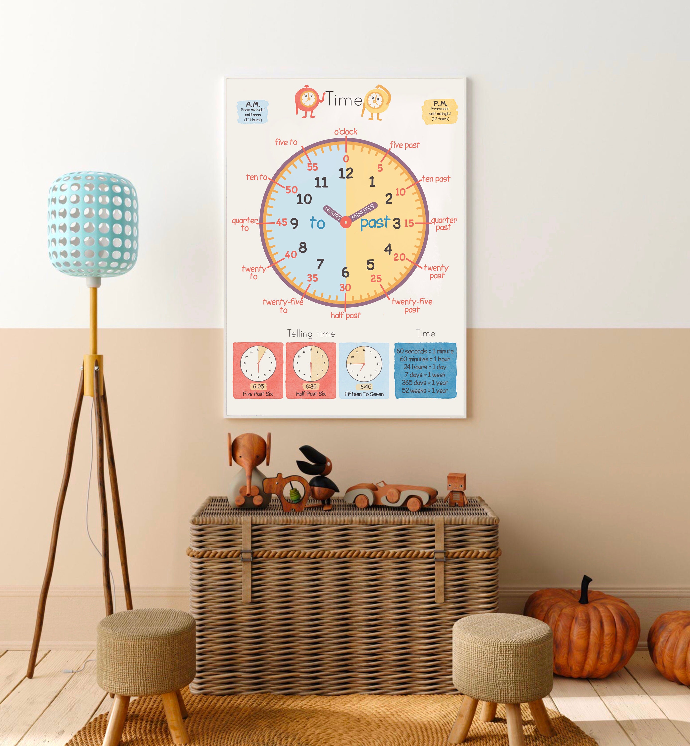 Telling Time Poster Playroom Rainbow Decor Learning Clock Printable ...
