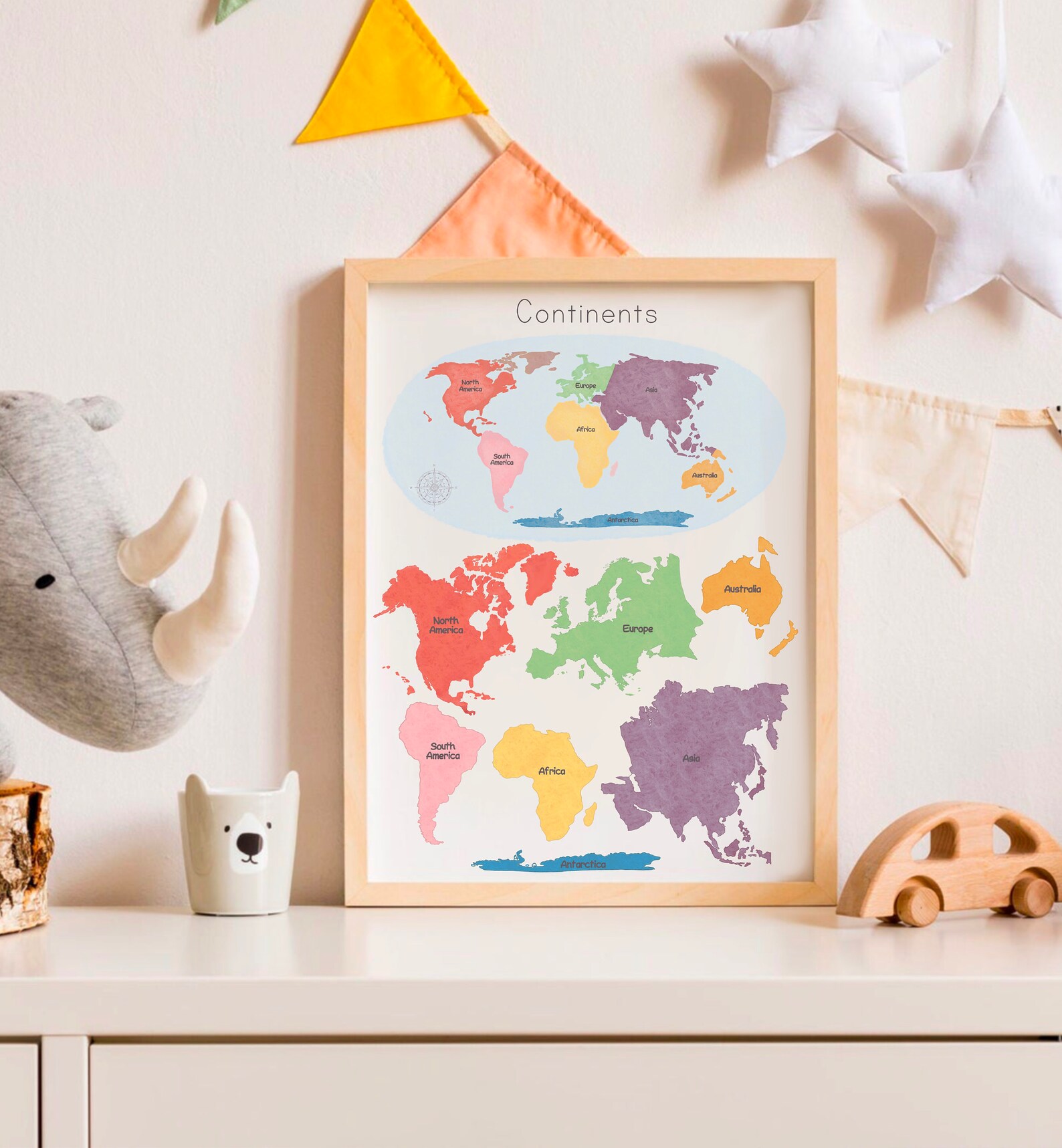 Montessori World Map Wall Art Continents Educational Poster Watercolor ...