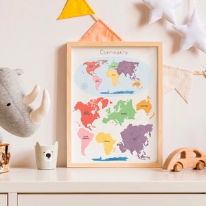 Montessori World Map Wall Art Continents Educational Poster Watercolor ...