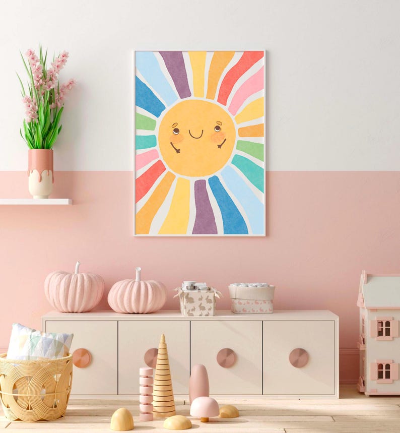Playroom Sun Poster Watercolor Nursery Prints Rainbow Sun Wall Art ...