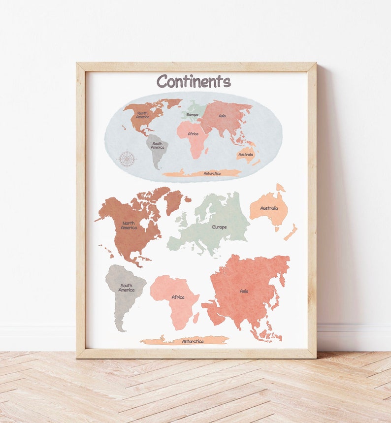 Kids World Map Printable Continents Educational Poster Pastel - Etsy