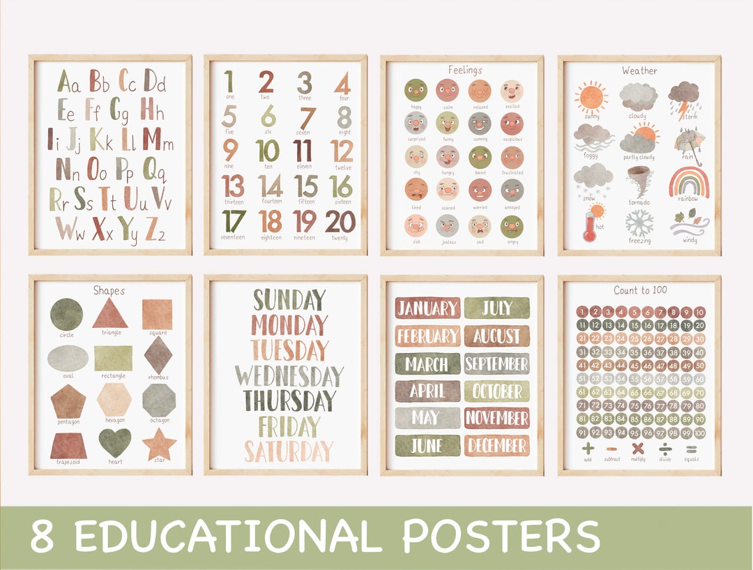 Set of 8 Educational Posters Neutral Kids Decor Printable Montessori ...