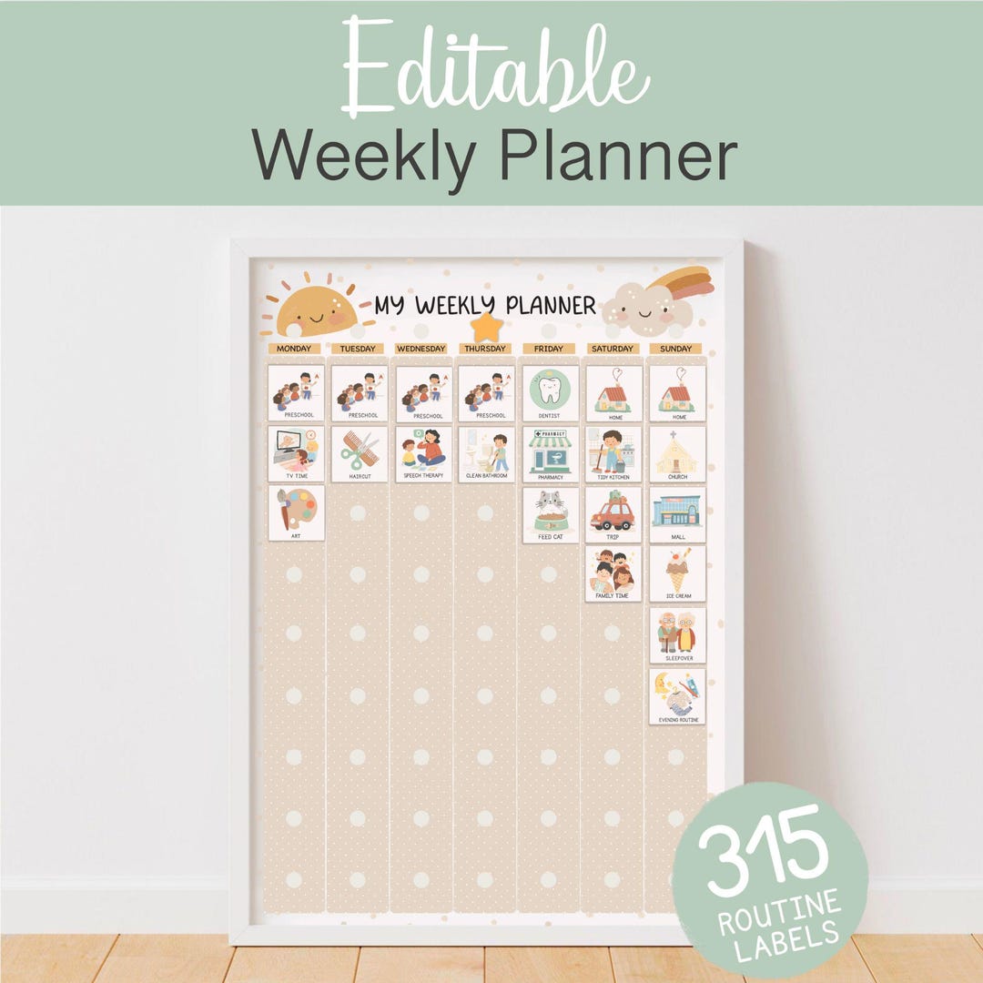 Kids Daily Calendar Printable Routine Planner, Editable Weekly Planner ...