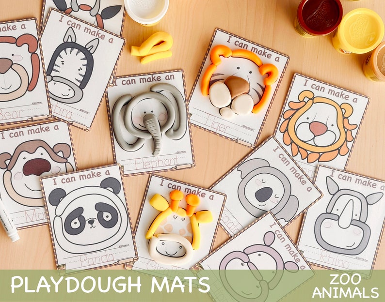 Zoo Animals Play Dough Mats Fine Motor Skills Visual Cards - Etsy