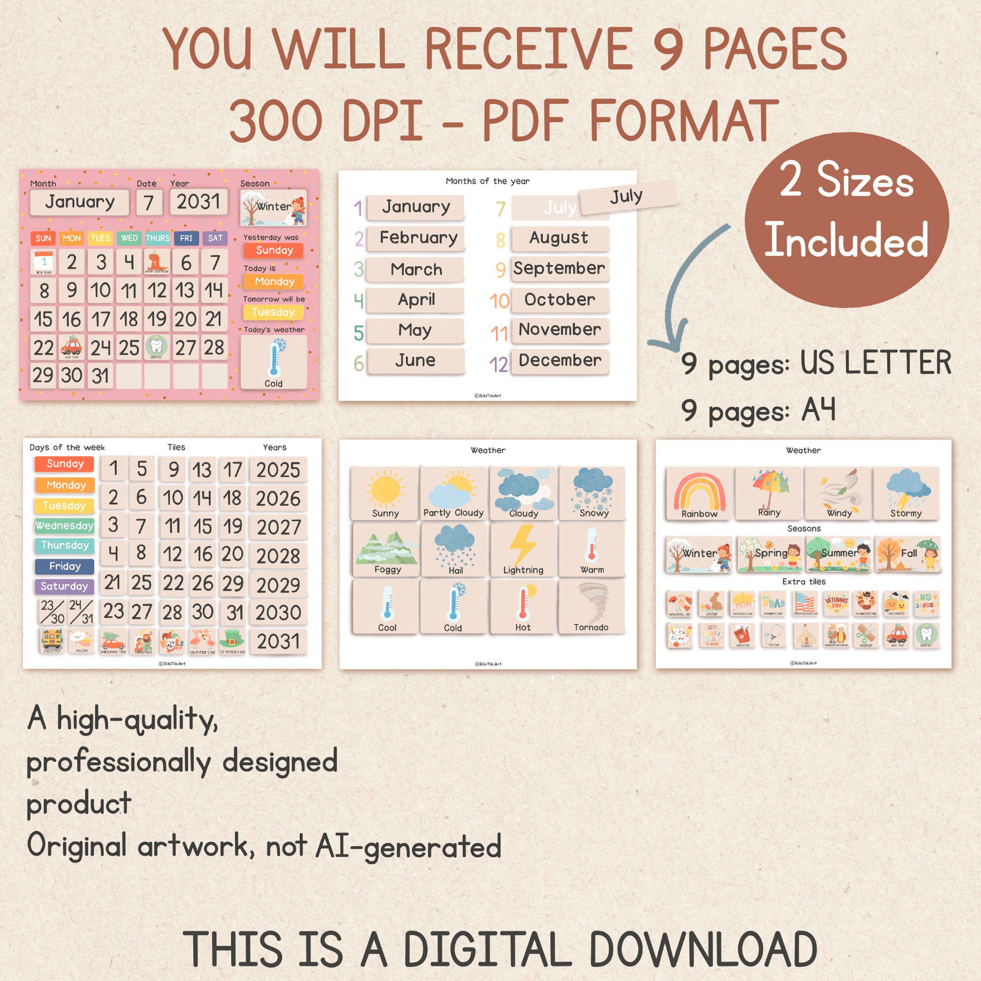 Kids Printable Calendar – Editable Perpetual Girls Calendar, Preschool ...