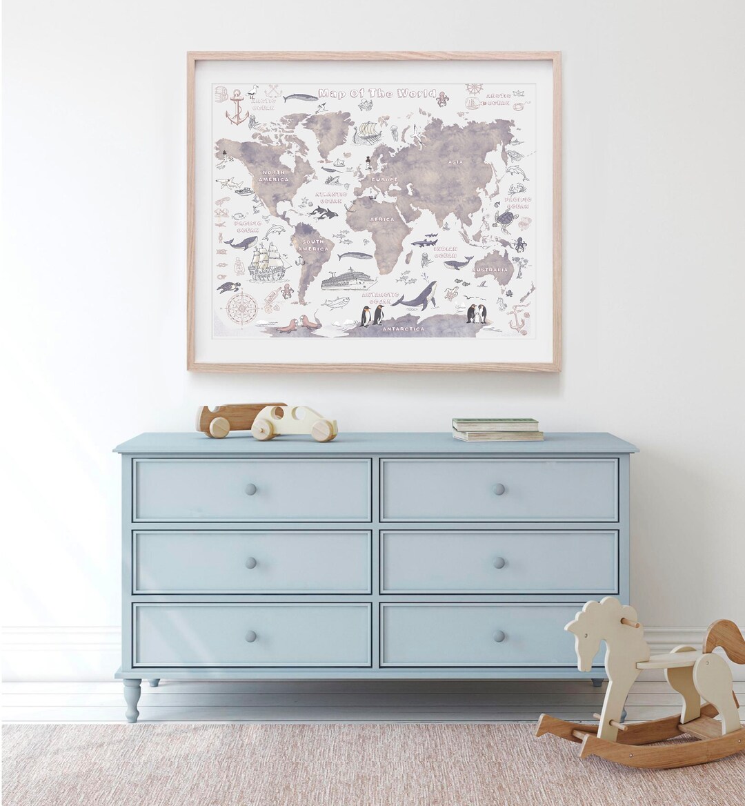 Kids World Map Poster Playroom Montessori Map Poster Homeschool Navy ...