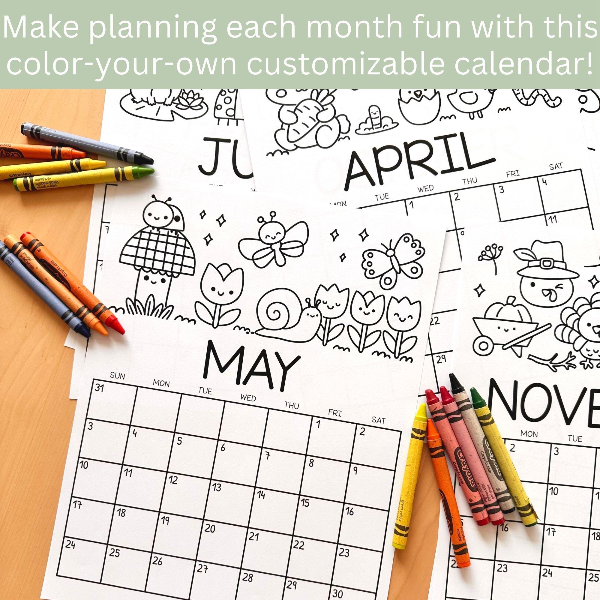 Kids Calendar 2026 Printable Coloring Monthly Calendar Editable ...