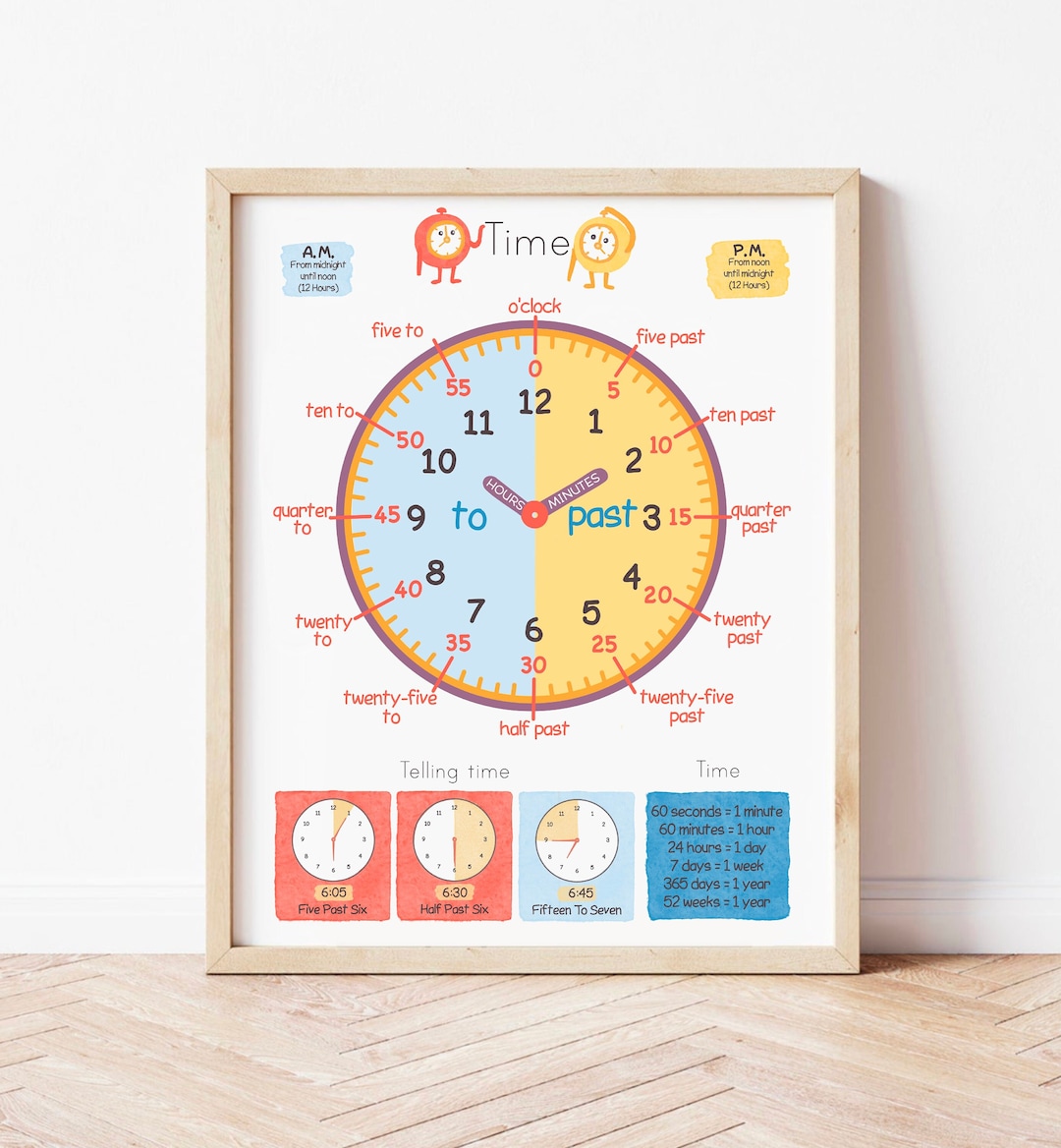Telling Time Poster Playroom Rainbow Decor Learning Clock Printable ...