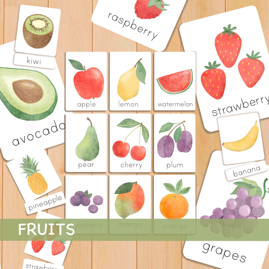 16 Watercolor Fruits Flashcards for Kids Printable Montessori Flash ...