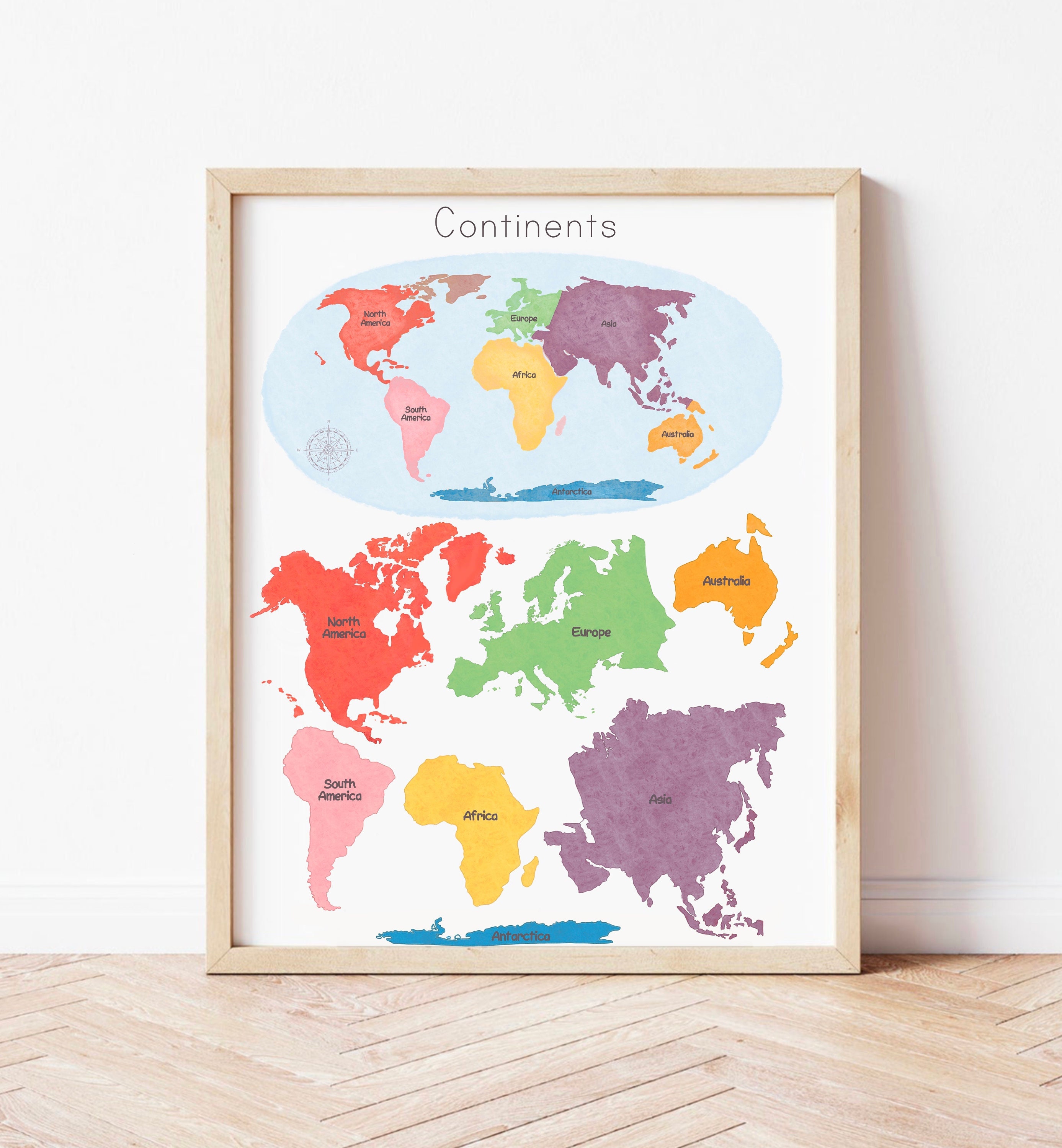 Montessori World Map Wall Art Continents Educational Poster Watercolor ...