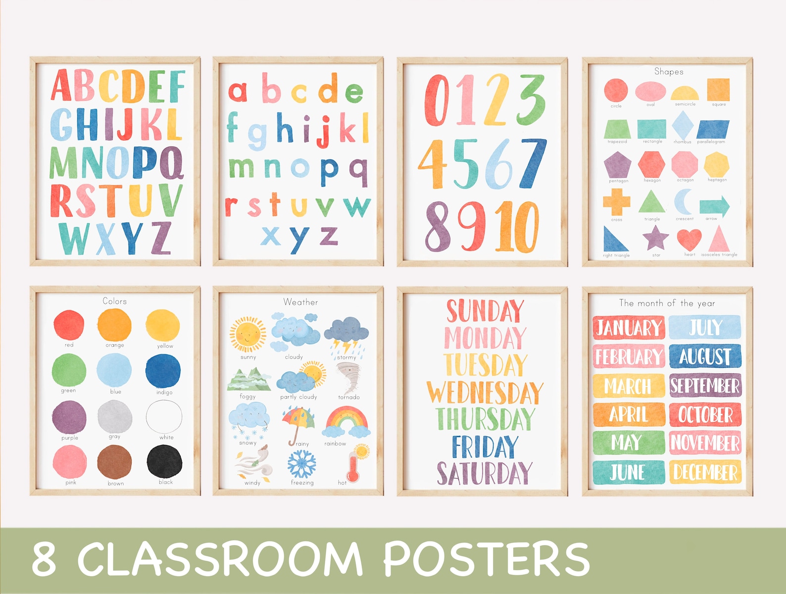 Set of 8 Watercolor Classroom Posters Educational Playroom Prints ...