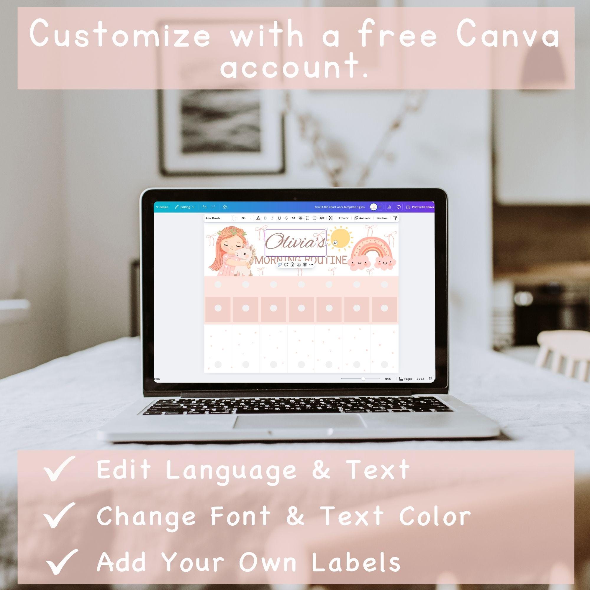 Editable Chore Chart Girls Routine Chart Printable Unicorn Princess ...