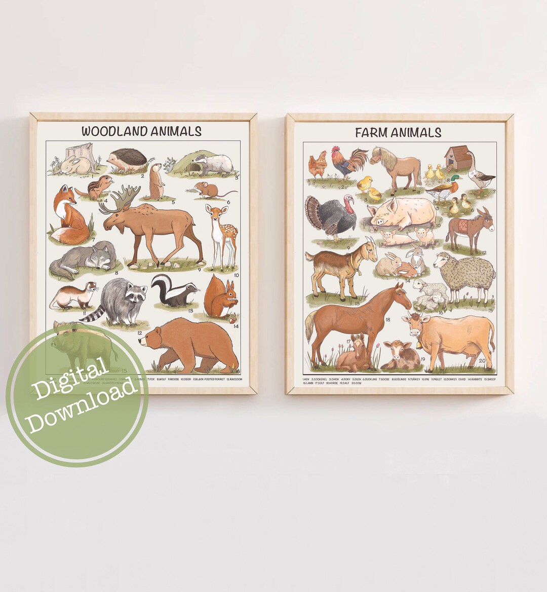 Set of Two Prints, Educational Posters, Farm and Woodland Animals ...