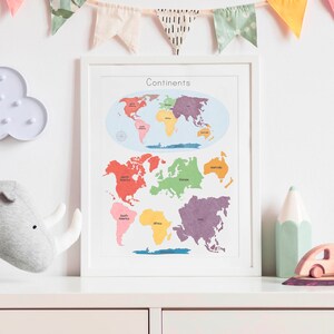 Montessori World Map Wall Art Continents Educational Poster Watercolor ...