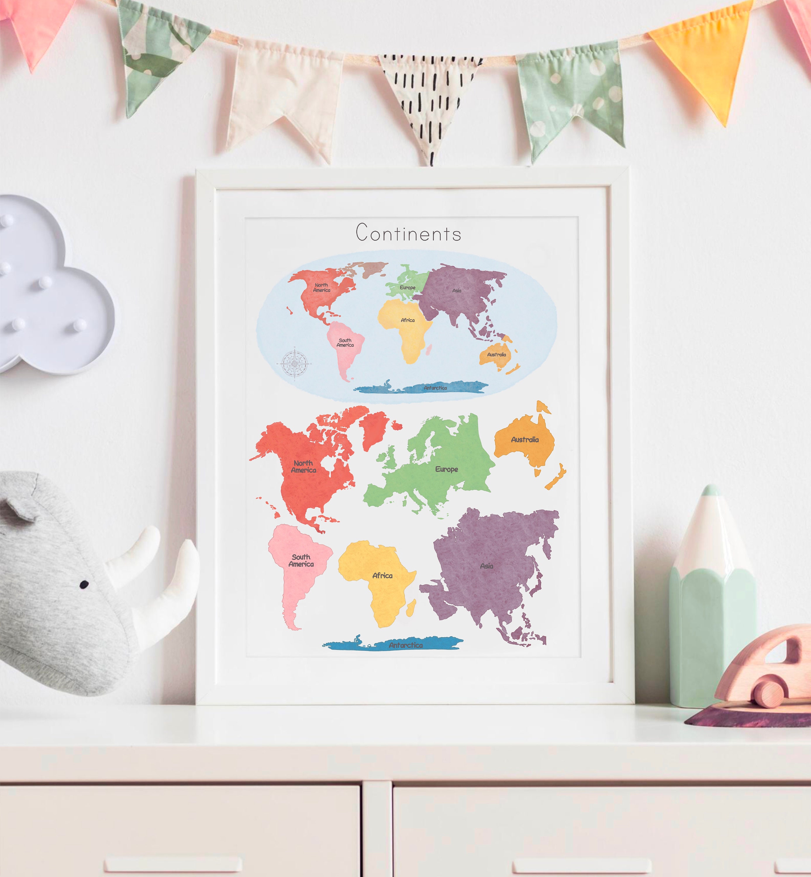 Montessori World Map Wall Art Continents Educational Poster Watercolor ...
